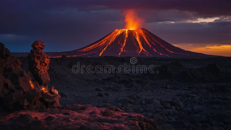 Spectacular Eruption of a Volcano at Night, Illuminating the Dark ...