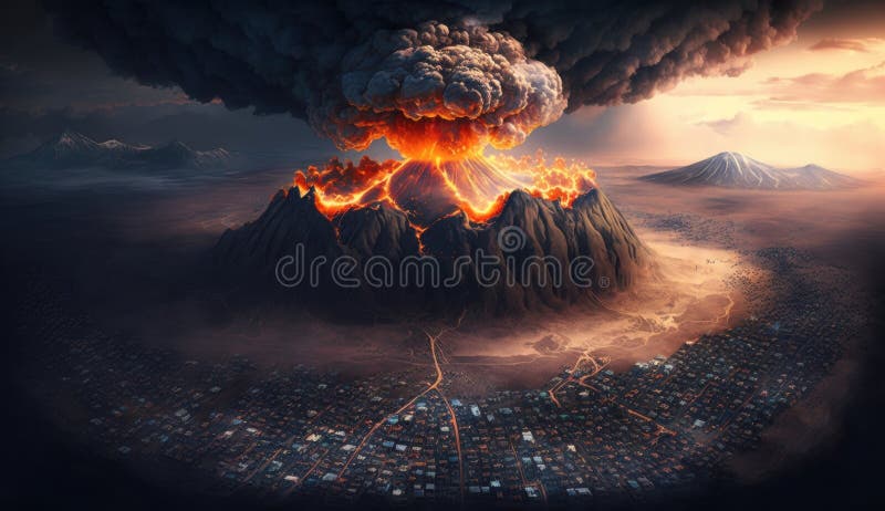 Volcanic Eruption Threatening City. Created by Generative Artificial ...