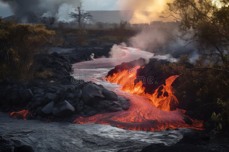 Volcanic Eruption, with View of Lava Flow Overflowing River and ...