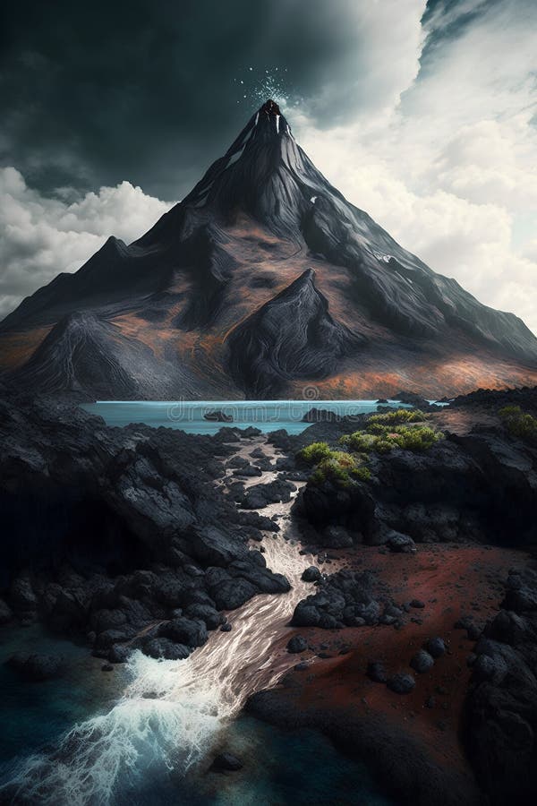 Volcanic Landscape with Active Volcano. 3d Render Illustration Stock ...