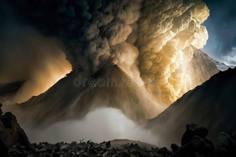 Volcanic Landscape Erupting with Ash and Smoke. Generative Ai Stock ...