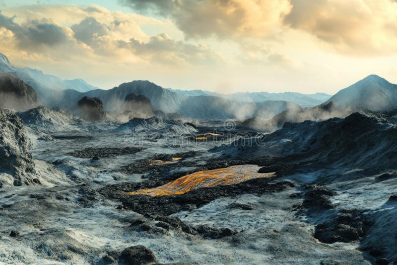 Volcanic Landscape with Flowing Lava and Dramatic Clouds during Sunset ...