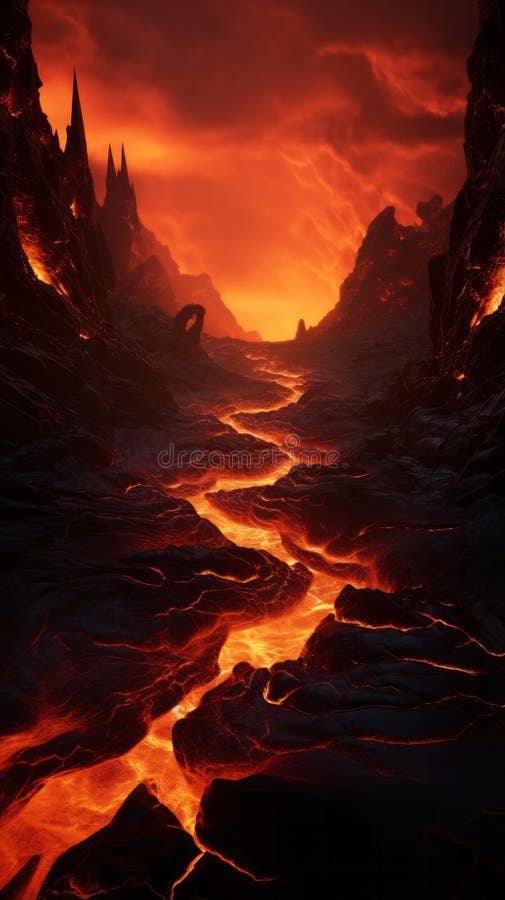 A Volcanic Landscape with a Flowing Stream of Water Stock Illustration ...