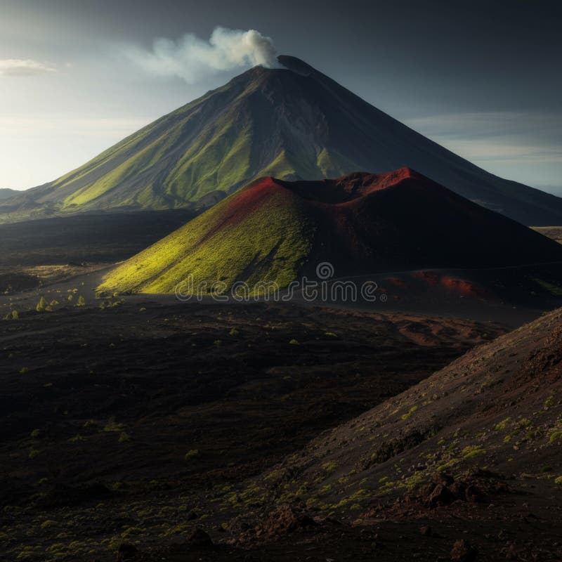 Volcanic Landscape with Green and Red Cinder Cones Stock Illustration ...