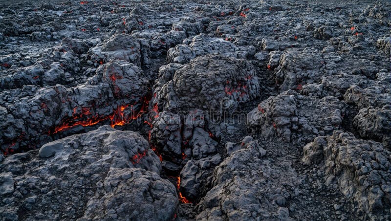 Volcanic Landscape with Hardened Lava Flows and Glowing Crevices Stock ...