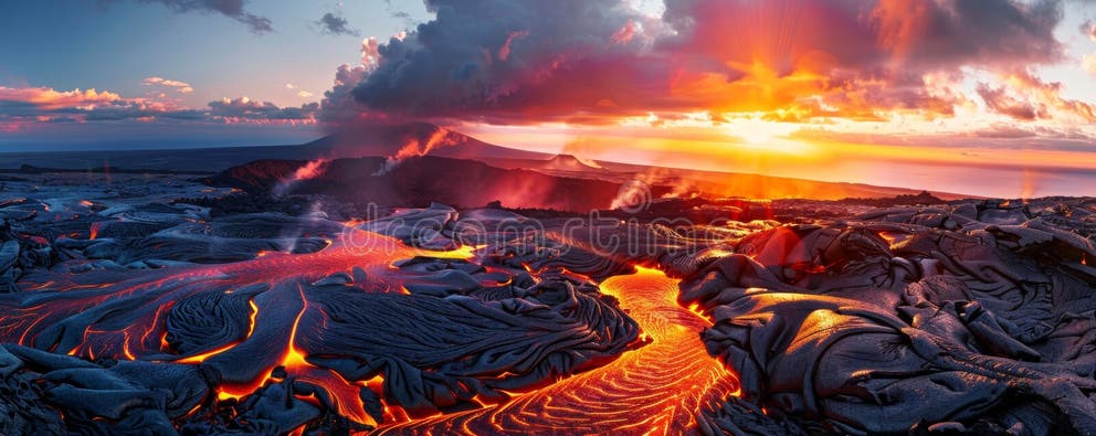 Volcanic Landscape with Lava Flow at Sunset Stock Image - Image of ...