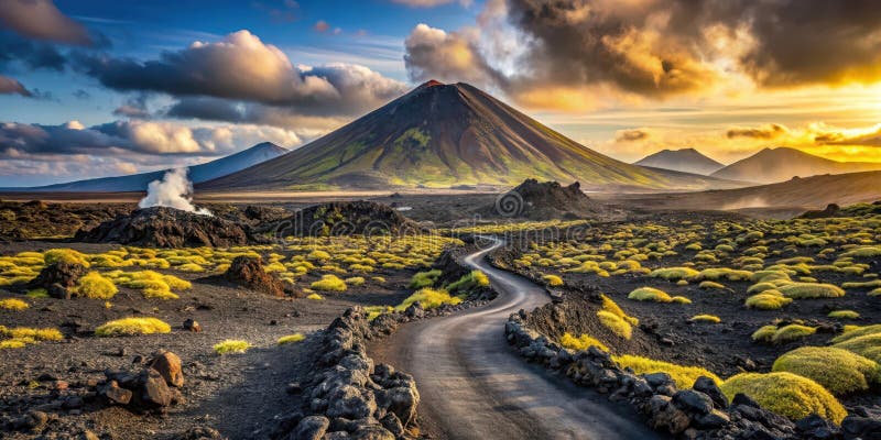 Volcanic Landscape Road at Sunset a Winding Path through Unique Flora ...