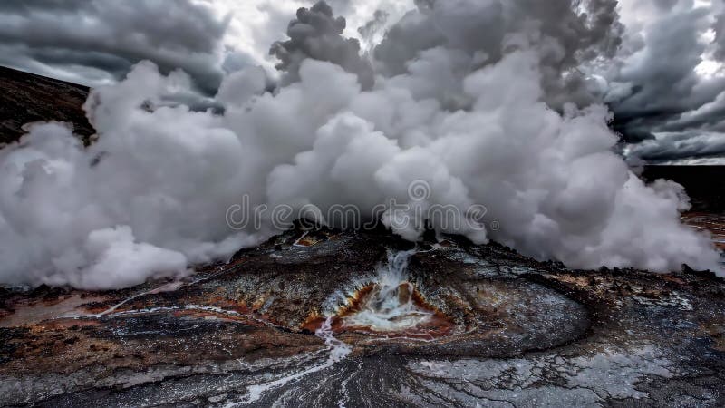 Volcanic Landscape with Steam and Dramatic Clouds, Geological ...