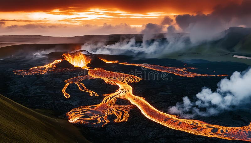A Volcanic Landscape of Steaming Lava Flowing after a Volcanic Eruption ...