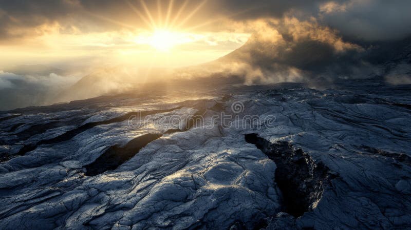 Volcanic Landscape at Sunset with Sun Rays and Clouds Stock ...