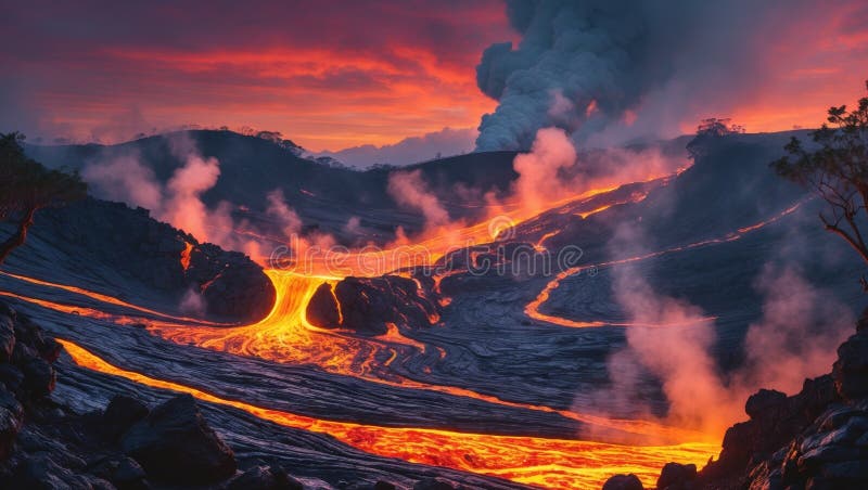 Volcanic Landscape with Vibrant Lava Flows Stock Photo - Image of dusk ...