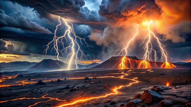 Volcanic Landscape during a Violent Lightning Storm Generative AI Stock ...