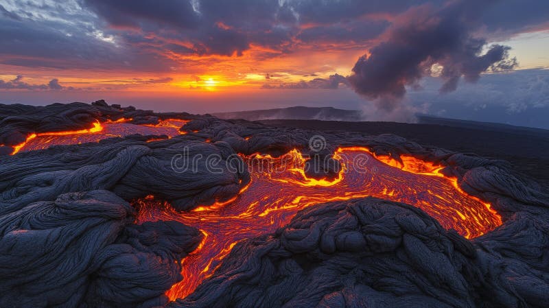 Volcanic Lava Flowing at Sunset Dramatic Scene Stock Illustration ...