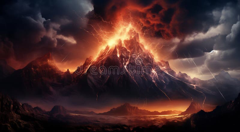 Volcanic Mountain Engulfed in Lava and Lightning Stock Photo - Image of ...