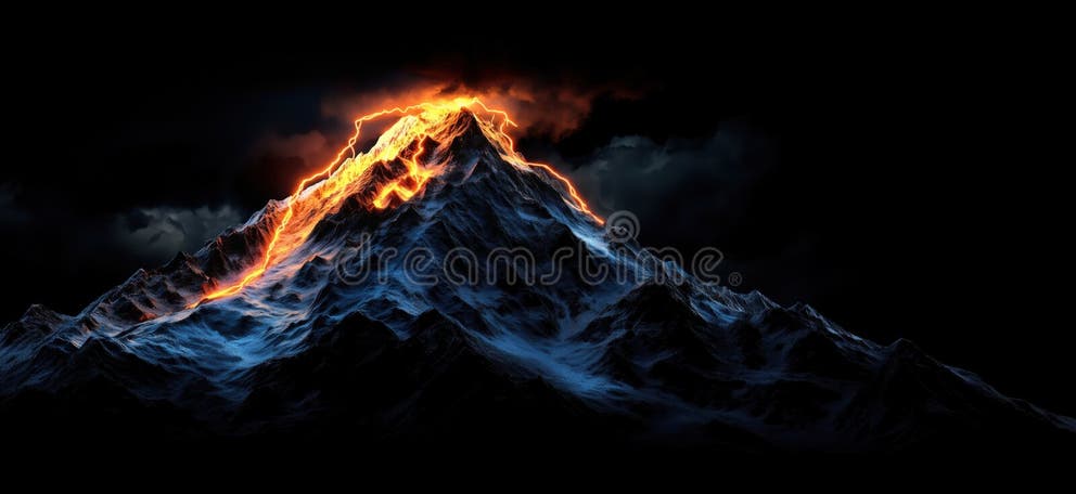 Volcanic Mountain Erupting with Glowing Lava and Dramatic Lightning ...