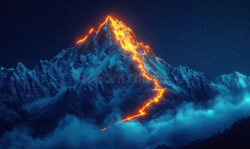 Volcanic Mountain Eruption at Night with Glowing Lava Flowing Down ...