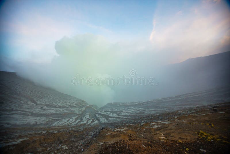 Volcanic Mountain with Smoke from Sulfur, Volcano Ijen on Java in ...