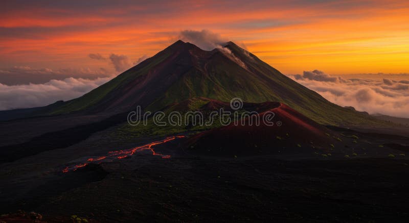 Volcanic Mountain at Sunset with Lava Flow Stock Illustration ...