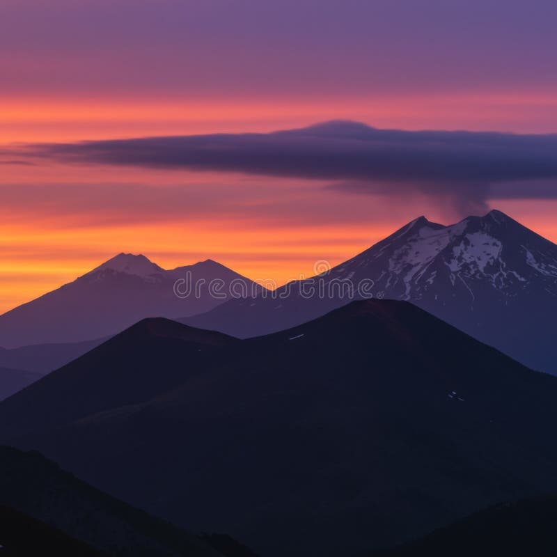 Volcanic Peaks at Sunset, Vibrant Colors Stock Illustration ...