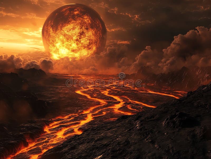 A Volcanic Planet with Lava Rivers Flowing Across Its Surface, Under a ...