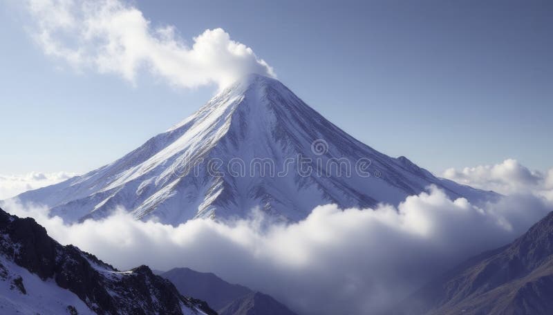 Volcanic Snow Capped Peak with Wispy Smoke Trail, Natural, Rugged, Peak ...