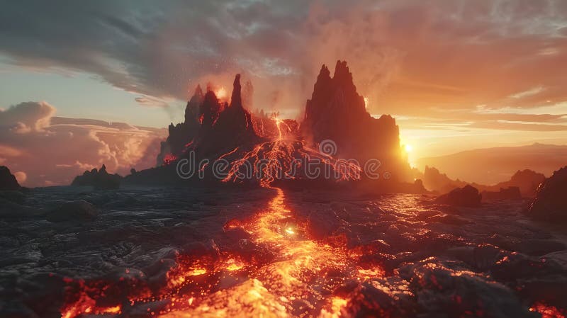 Volcanic Sunset 3D Illustration Stock Illustration - Illustration of ...