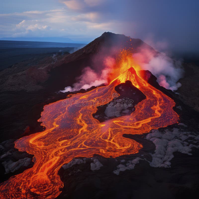 Volcano with Active Lava Flow Stock Illustration - Illustration of ...