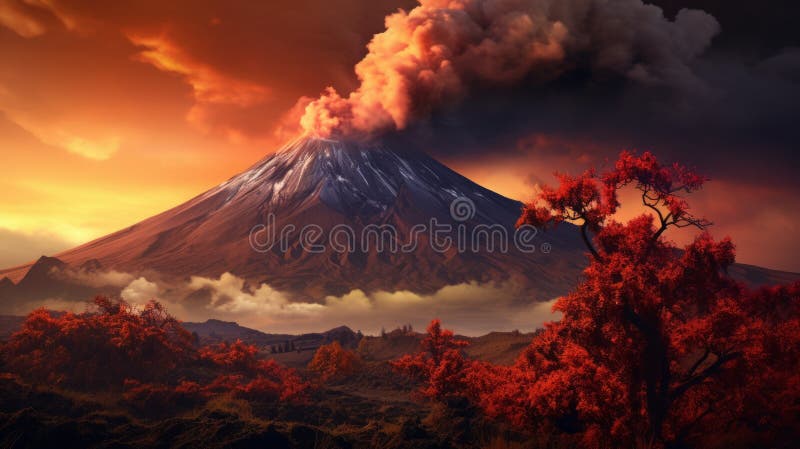 Volcano Autumn Splendor: a Hotorealistic Shot of Red Trees and Clouds ...