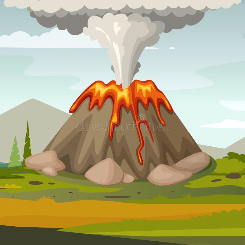 Volcano. Cartoon Background Illustration with Active Volcano Explode ...
