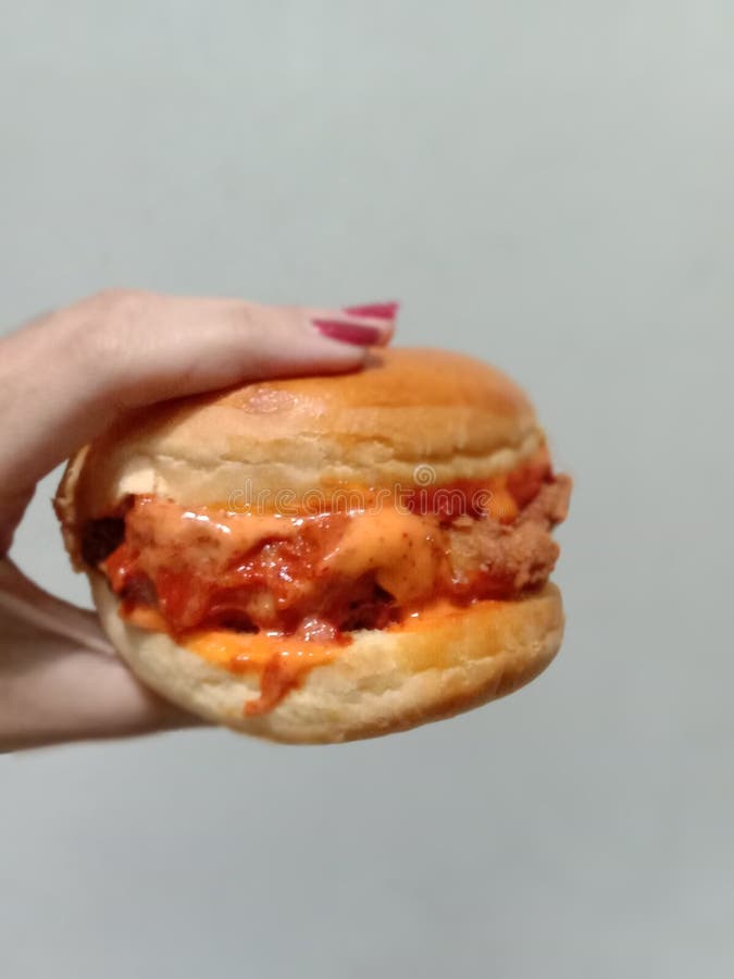 Volcano Chicken Burger with Extra Cheese Stock Photo - Image of meat ...