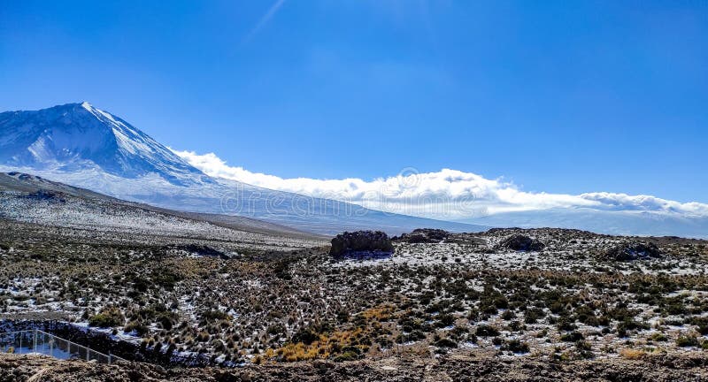 Volcano Covered with Snow and Blue Sky Stock Image - Image of blue ...