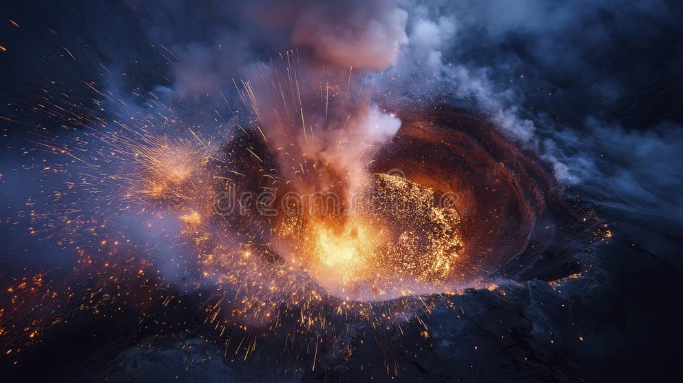 Volcano Crater Exploding into Sky, Illuminated Smoke Plume, Sparks and ...