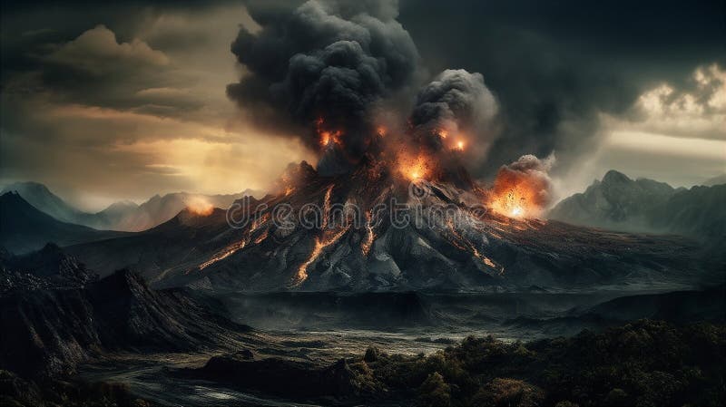 Volcano Dark Fantasy Mountain Landscape with Fire in Hills. AI ...
