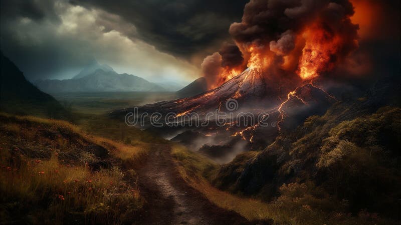 Volcano Dark Fantasy Mountain Landscape with Fire in Hills. AI ...