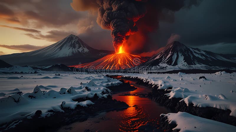 The Volcano Erupted and Lava Flowed Down Stock Illustration ...