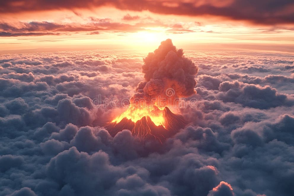 Volcano Erupting Above Clouds at Sunset Creating a Dramatic Scene Stock ...