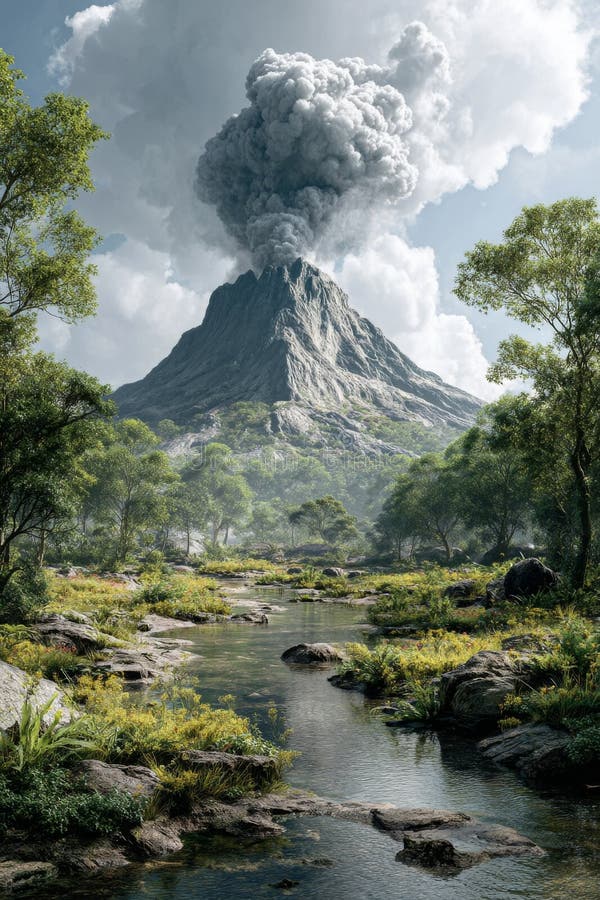 Volcano Erupting Above Forest Valley with Stream, Concept of Nature S ...