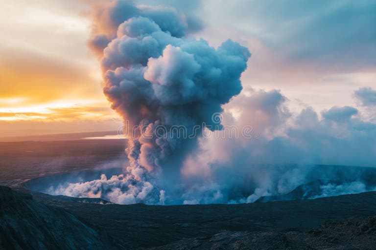 Volcano Erupting with Ash Cloud at Sunset, Creating Dramatic Scene ...