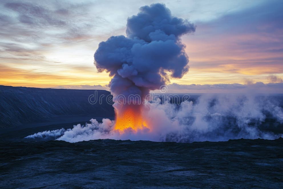 Volcano Erupting with Ash Cloud at Sunset, Creating Dramatic Scene ...