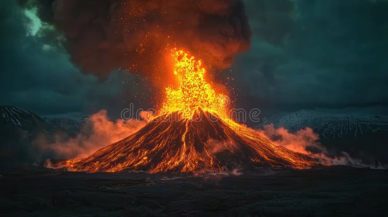 Volcano Erupting with Lava and Smoke at Sunset in Iceland Stock Image ...