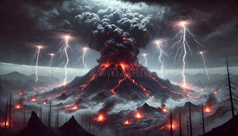 Volcano Erupting with Glowing Lava and Thick Black Smoke during ...