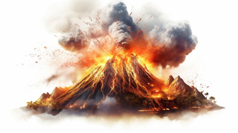 Volcano Erupting, Intense Explosion from Volano, Isolated on White ...
