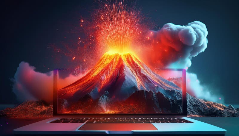 Volcano Erupting from Laptop Screen in a Dramatic Display of Nature S ...