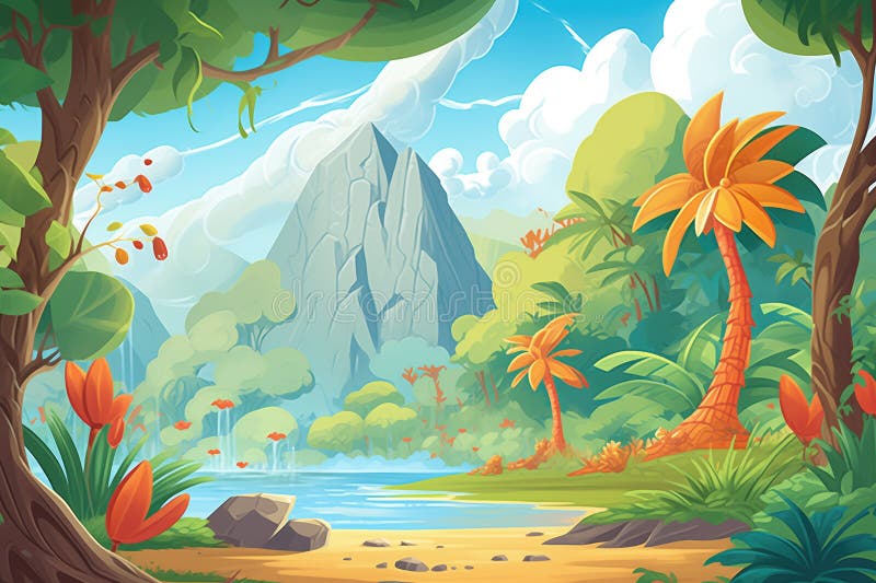 Volcano Erupting with Lava Flow Near Tropical Forest Stock Illustration ...