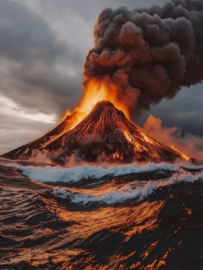 A Volcano Erupting, with Lava Flowing Down Its Sides Stock Illustration ...