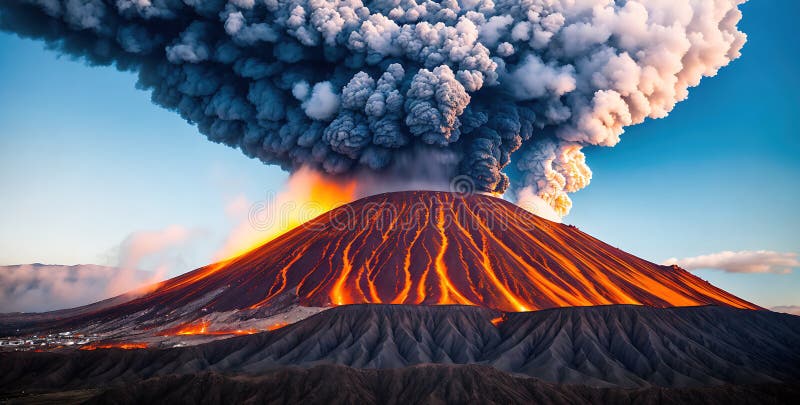 A Volcano Erupting with Lava Flowing Down Its Sides. Stock Image ...