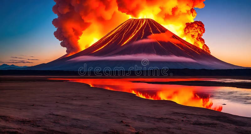 A Volcano Erupting with Lava Flowing Down Its Sides. the Sky is Orange ...