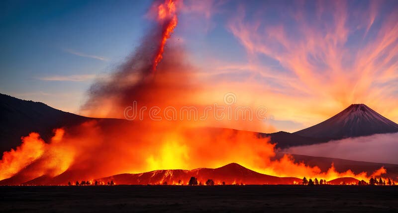 A Volcano Erupting with Lava Flowing Down Its Slopes. the Sky is Orange ...