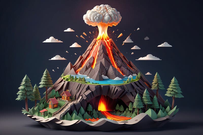 Volcano Erupting with Lava Flowing Downside Surrounded by Trees and ...