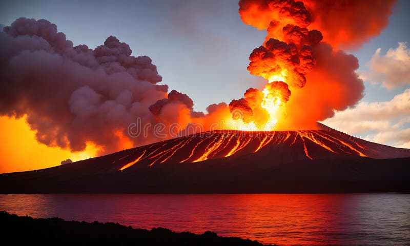 A Volcano Erupting with Lava Flowing from Its Mouth. Stock Photo ...